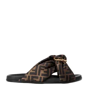 Fendi Logo Satin Slippers - Black