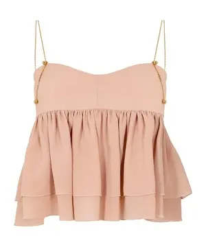 Chloé Peplum Camisole Top With Chain Straps And Ruffle Hem - Nude