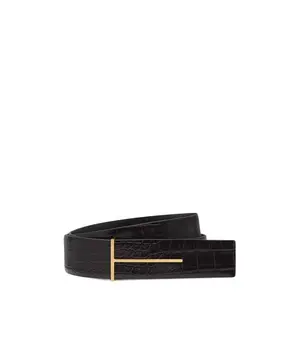 TOM FORD Crocodile-patterned Belt With Gold T Buckle - Brown