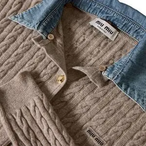 Miu Miu Cashmere Knit Cardigan With Denim Collar - Nude