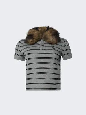 Vetements Striped Cropped Polo With Detachable Fur Collar - Grey