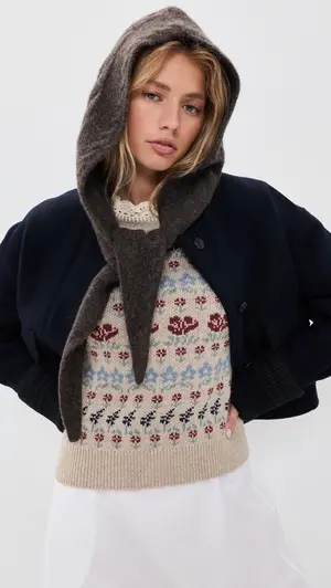 Sea Cable Knit Hood Scarf - Charcoal