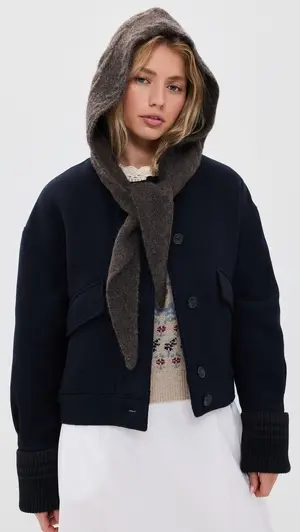 Sea Cable Knit Hood Scarf - Charcoal