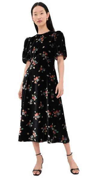Sea Leda Velvet Puff Sleeve Midi Dress - Black