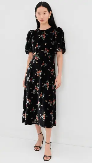Sea Leda Velvet Puff Sleeve Midi Dress