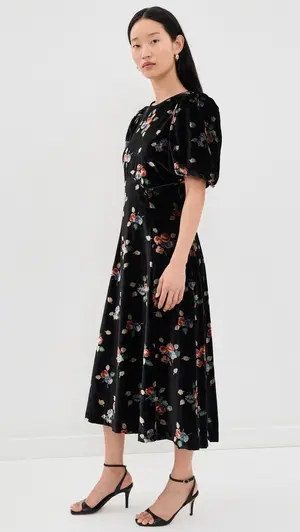 Sea Leda Velvet Puff Sleeve Midi Dress