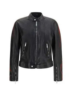 Gucci Leather Bomber Jacket With Web Trim