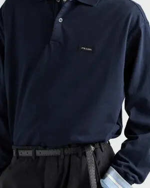 Prada Long-leeved Cotton Polo Hirt - Navy