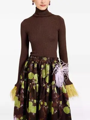 La DoubleJ Ribbed Silk Cashmere High Neck Top With Feather Trim - Brown
