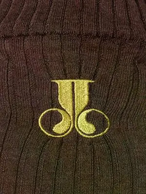 La DoubleJ Ribbed Silk Cashmere High Neck Top With Feather Trim - Brown