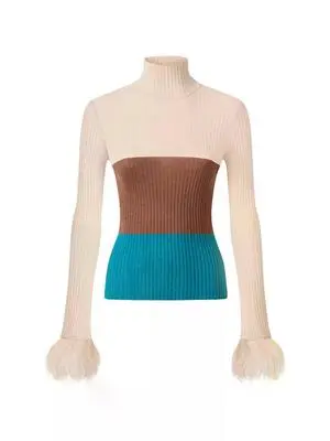 La DoubleJ High Neck Ribbed Knit Top With Feather Cuffs
