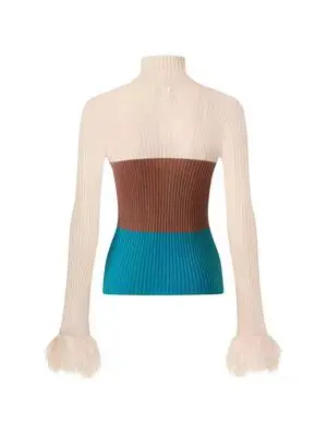 La DoubleJ High Neck Ribbed Knit Top With Feather Cuffs