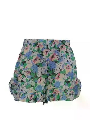 GANNI Floral Print Ruffle Trim Shorts - White