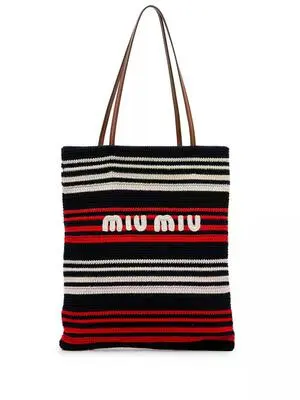 MIU MIU Miu Miu Tricolor Cotton Crochet Logo Striped Vertical Tote Bag