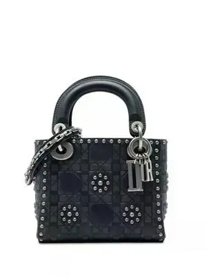 Dior 2017 Mini Calfskin Cannage Studded Flower Lady Satchel - Black