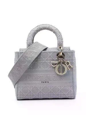 Dior Medium Embroidered Canvas Cannage Lady D Lite Satchel - Grey
