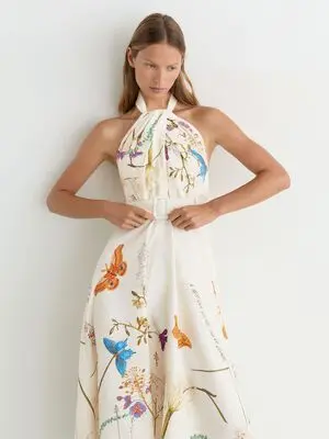 REISS Livvy Butterfly Print Halterneck Midi Dress
