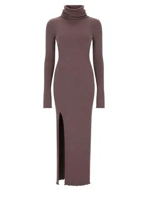 Rick Owens Ribbed Wool Turtleneck Dress With High Slit