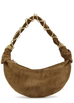 Saint Laurent Suede Hobo Bag With Woven Chain Handle - Tan
