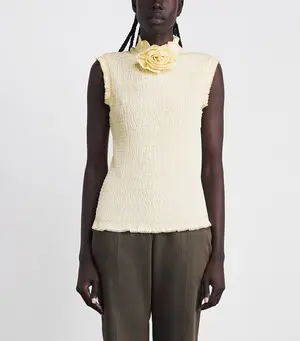 Sandro Smocked Floral Appliqué Tank Top - Beige