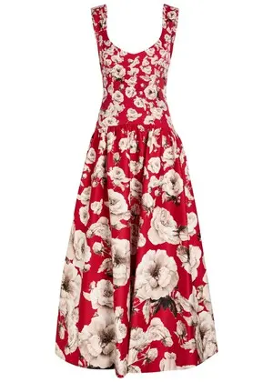 Alice + Olivia Oriana Floral Print Stretch Cotton Maxi Dress - Red