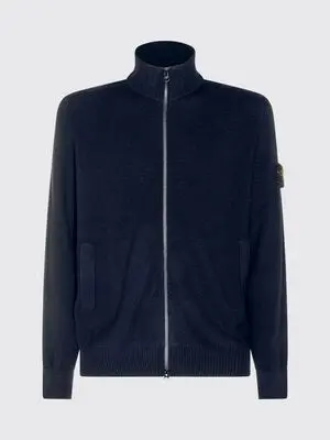 Stone Island Virgin Wool Turtleneck Cardigan With Compass Logo Patch - Navy