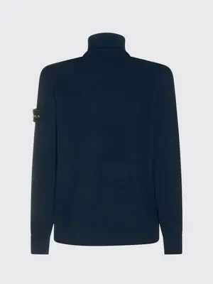 Stone Island Virgin Wool Turtleneck Cardigan With Compass Logo Patch - Navy
