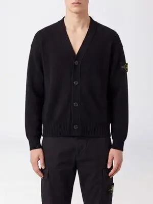 Stone Island V-neck Pure Virgin Wool Cardigan With Compass Logo - Black