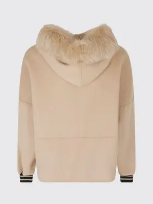 ERMANNO FIRENZE Shearling Fur Hooded Jacket With Contrast Trims - Brown