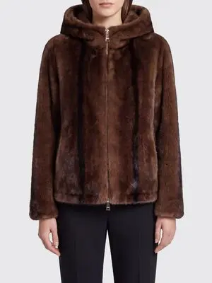 ERMANNO FIRENZE Hooded Faux Fur Jacket With Zip Closure - Brown