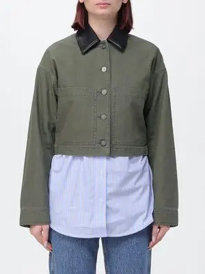 ANINE BING Yuma Cotton Shirt Jacket With Contrast Leather Collar - Green
