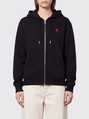 AMI Paris Cotton Zip-up Hoodie With Embroidered Logo And Kangaroo Pocket - Black