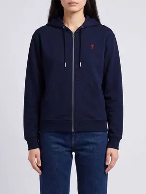 AMI Paris Cotton Zip-up Hoodie With Embroidered Logo - Blue