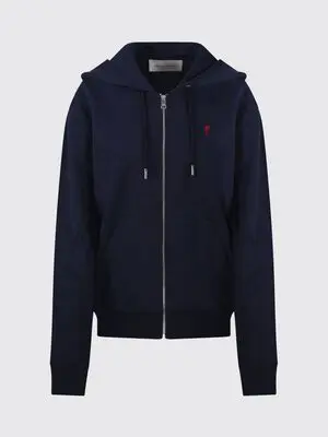 AMI Paris Cotton Zip-up Hoodie With Embroidered Logo - Blue