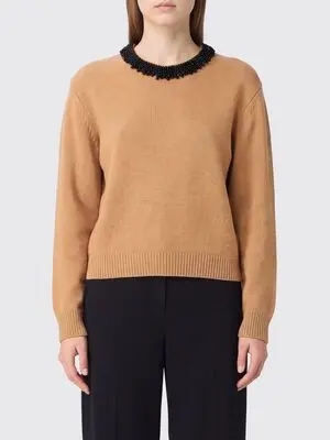 SEMICOUTURE Wool And Cashmere Crewneck Jumper With Crystal Embellishments - Camel