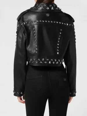 Philipp Plein Cropped Leather Biker Jacket With Studs And Stars