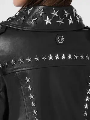 Philipp Plein Cropped Leather Biker Jacket With Studs And Stars