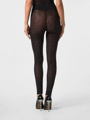 Philipp Plein High-waisted Sheer Tulle Leggings With Rhinestone Logo
