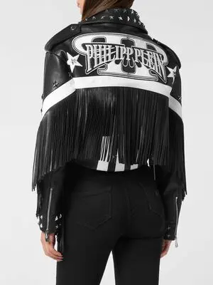 Philipp Plein Leather Biker Jacket With Fringes And Contrast Studs