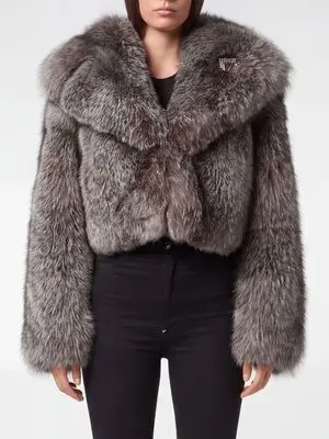 Philipp Plein Cropped Fox Fur Jacket With Crystal Embellishments - Grey