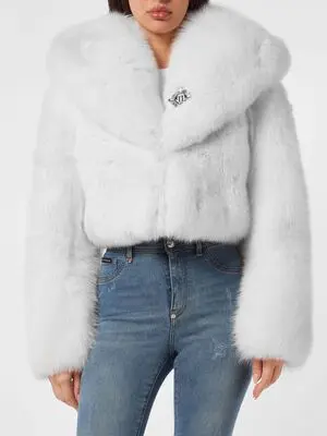 Philipp Plein Philipp Plein Cropped Fox Fur Jacket With Crystal Embellishments White