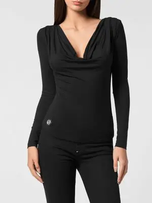 Philipp Plein Long-sleeve Draped V-neck Top - Black