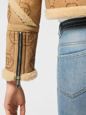 Philipp Plein Cropped Shearling Jacket With Butterfly Print And Fur Collar