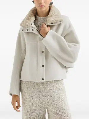 Brunello Cucinelli Cropped Jacket With Fur Collar - Beige