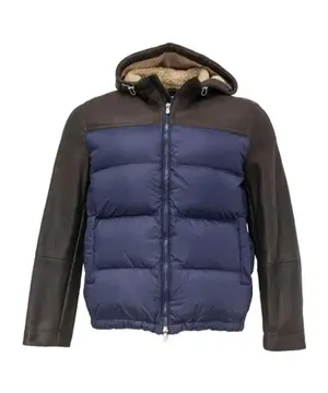 Brunello Cucinelli Down Jacket With Drawstring Hood And Leather Sleeves