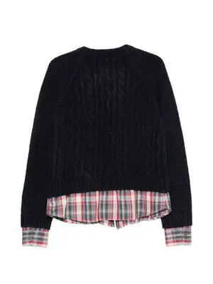 SEMICOUTURE Cable Knit Layered Cardigan With Plaid Shirt Detail