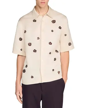 Sandro Loose Velvet Flowers Floral Shirt - Ecru