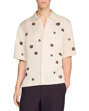 Sandro Loose Velvet Flowers Floral Shirt - Ecru