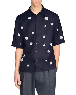 Sandro Loose Velvet Flowers Floral Shirt - Midnight Blue