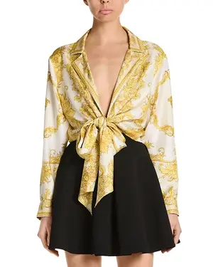 Versace Twill Plunging Neck Top With Front Tie
